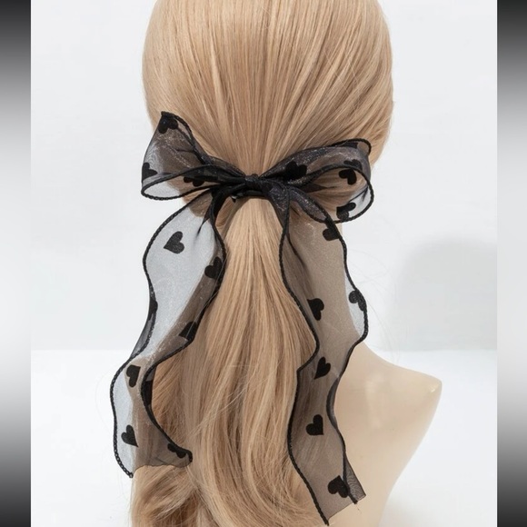 Kathrono | Accessories | Lovely Mesh Ribbon Bow Hearts Raw Hem Hair Tie ...